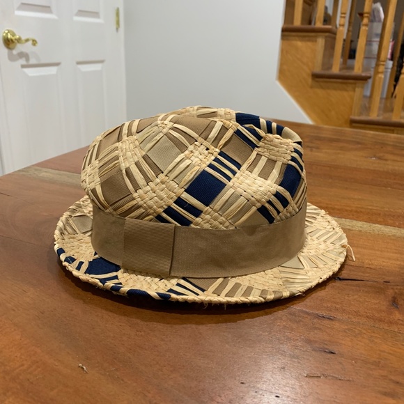 Kate Landry | Accessories | Kate Landry Straw Fedora Hat Woven Tan Navy ...